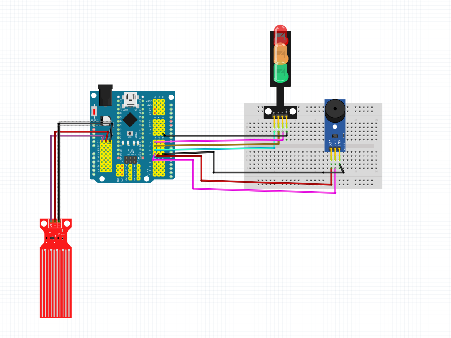 Water Level alarm project with Buzzer, LEDs & OLED Display